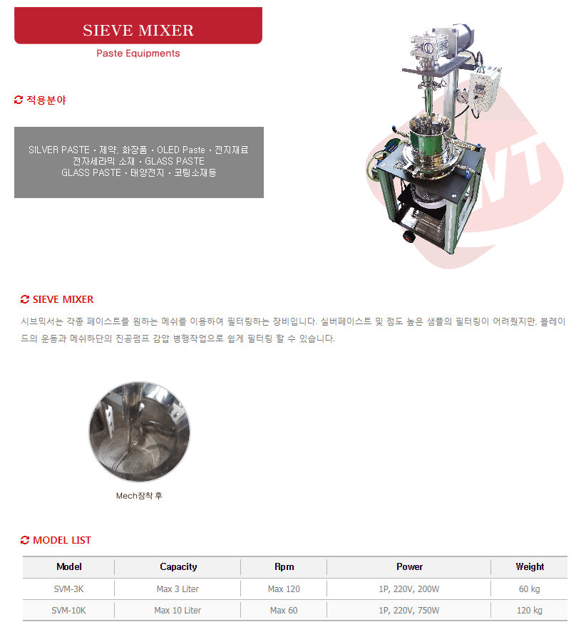 Sieve Mixer SVM-3K,10K by (주)대화테크 - 코머신 판매자 소개 및 제품 소개