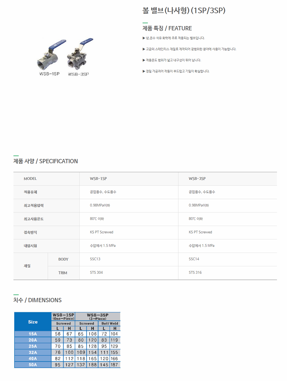 볼 밸브 (나사형) (1SP/3SP) WSB-1SP,3SP by (주)원일산업 - 코머신 판매자 소개 및 제품 소개