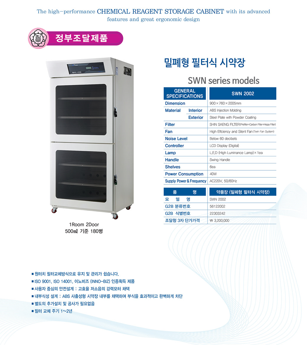 밀폐형 필터식 시약장 SWN-2002 by (주)신생 - 코머신 판매자 소개 및 제품 소개