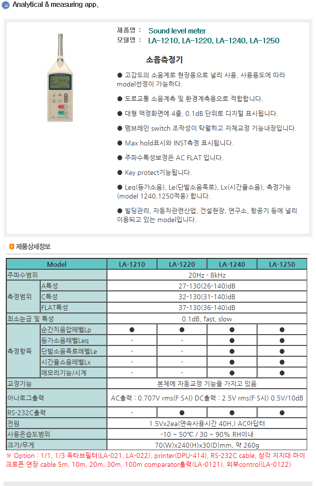 소음측정기 LA-1210,1220,1240,1250 by 지시코(주) - 코머신 판매자 소개 및 제품 소개