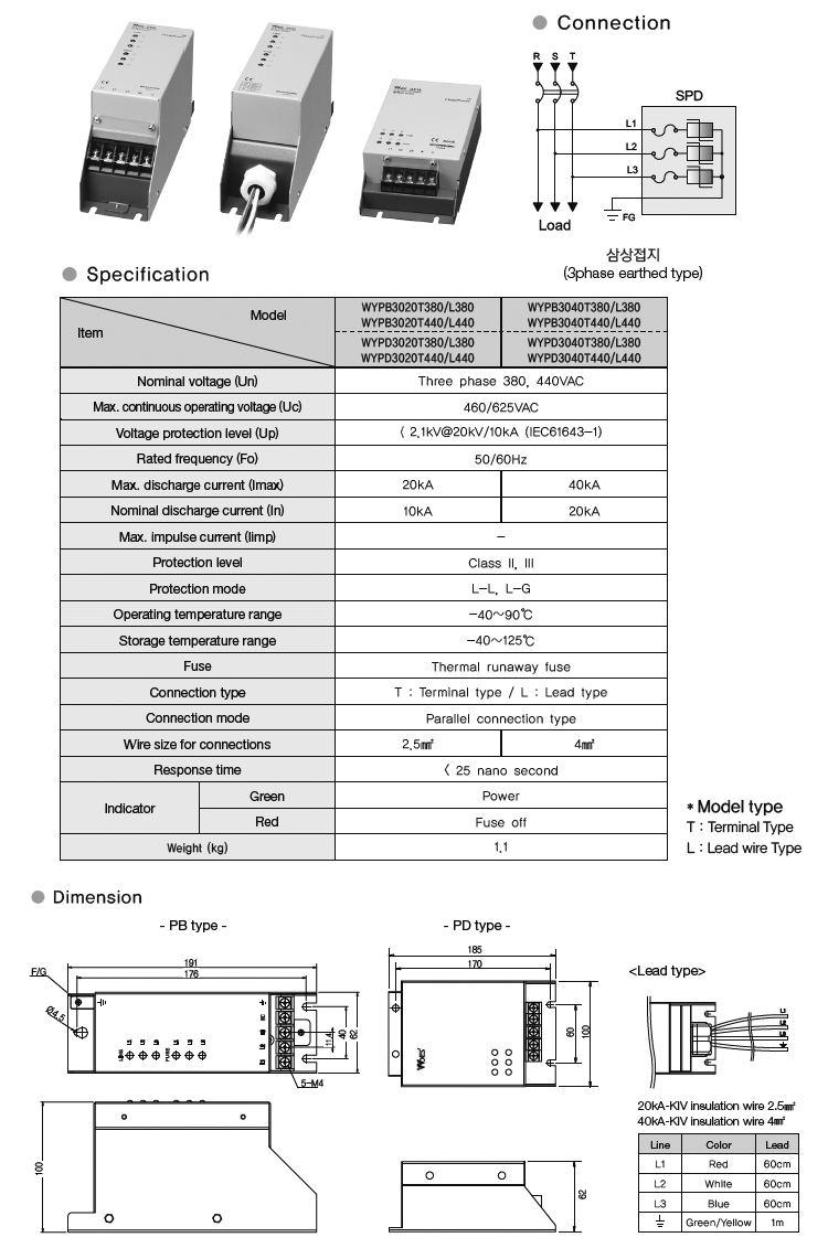 서지보호기 (삼상접지 고급형) WYPB3020L380,WYPB3020L440,WYPB3040L380,WYPB3040L440 ...